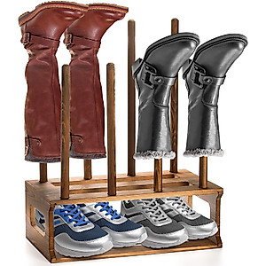 Goaste Wood Boot Rack Organizer, 4 Pairs Freestanding Wooden Boot Holder, Rustic Walk-In-Closet Entryway Shoe Storage Stand with 8 Tall Posts for Cowboy Boot, Tall Knee-High, Riding, Rain Boots