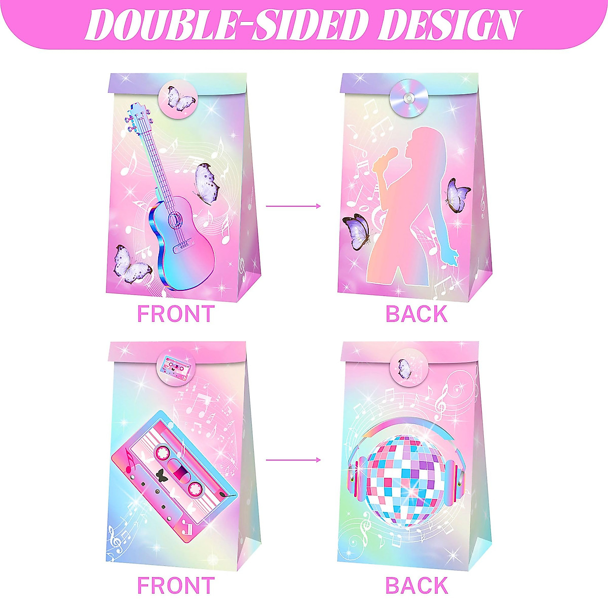 LaVenty 12 PCS Singer Theme Party Favor Bags Pop Star Theme Birthday Party Supplies Kids Candy Treat Bag for Birthday Wedding Bridal Shower