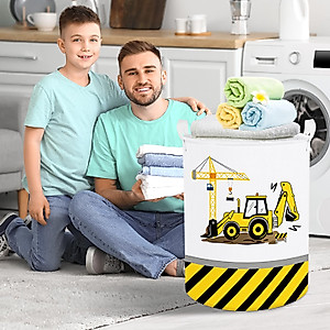 Clastyle 45L Cartoon Yellow Excavator Boys Laundry Basket Bulldozer Crane Engineering Vehicles Kid Hamper Round Toys Clothes Storage Baskets with Drawstring