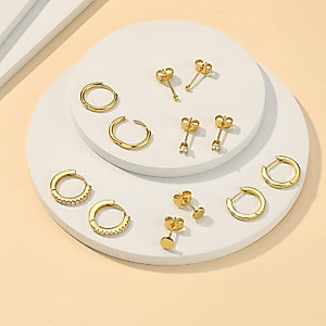 6 Pairs Stud and Hoop Earrings Set for Women 18K Gold Filled CZ Small Ball Studs Huggie Earrings Hypoallergenic Cartilage Earring Sets for Multiple Piercing
