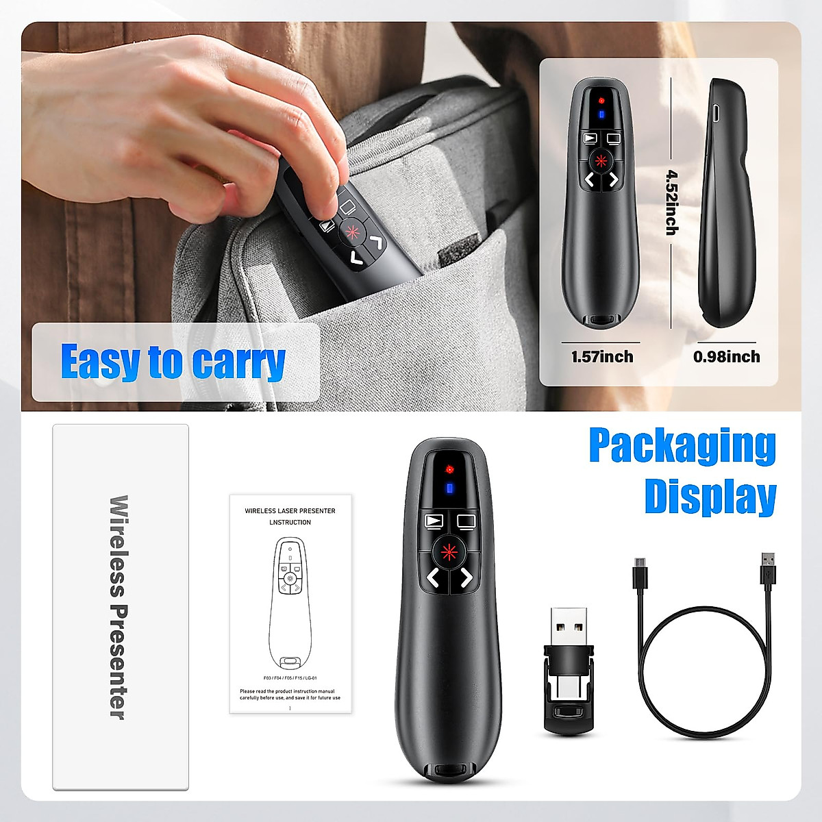 2-in-1 USB Type C Presentation Clicker, Clicker for PowerPoint Presentations, Rechargeable Wireless Presenter Remote, Pointer RF 2.4GHz USB PowerPoint Clicker Slide Advancer with Volume Control