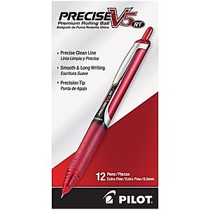 Pilot, Precise V5 RT Refillable & Retractable Rolling Ball Pens, Extra Fine Point 0.5 mm, Red, Pack of 12