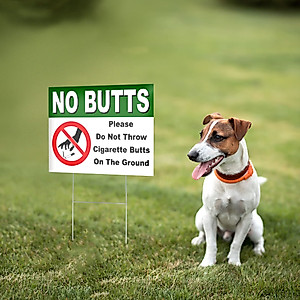2 PC No Cigarette Butts Signs - 12 x 9 Coroplast No Butts Signage with Stake - No Littering Sign Outdoor - Please Do Not Throw Cigarette Butt Signs