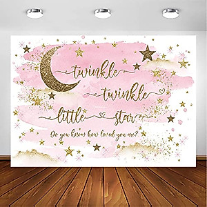 Avezano Twinkle Twinkle Little Star Backdrop for Girl Gold and Pink Twinkle Boy Baby Shower Party Decorations Photography Background Gold Stars and Moon Baby Shower Party Photoshoot Backdrops (7x5ft)