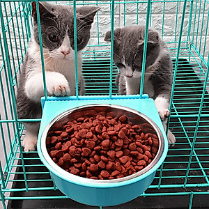 Crate Dog Bowl Removable Stainless Steel Water Food Feeder Bowls Cage Coop Cup for Cat Puppy Bird Pets (Small, Blue with Corrugated Clip)