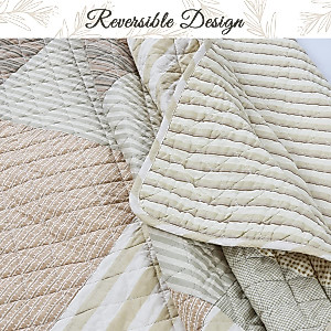 Cozy Line Home Fashions Earth Tone Brown Tan Beige Stripe Checker Patchwork Cotton Reversible 3 Piece Quilt Bedding Set
