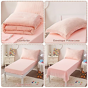 SUCHDECO Light Coral Toddler Bedding Set for Girls Pink Comforter Sets with Jacquard Stripes, Tassel Fringe 4 Pieces - Comforter, Fitted Sheet, Flat Sheet, Pillowcase