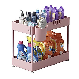 NYYTGE Double Sliding Under Sink Organizer, 2 Tier Bathroom Organizer with 1 Cup 4 Hooks, Multi-purpose Under Cabinet Storage Rack, Under Sink Organizers and Storage for Home Kitchen Organization