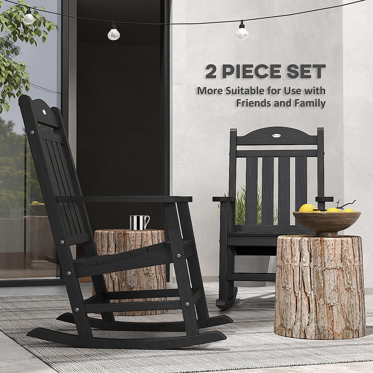 Outsunny 2 Pieces Outdoor Rocking Chair, All Weather-Resistant HDPE Rocking Patio Chairs with Rustic High Back, Armrests, Oversized Seat and Slatted Backrest, 350lbs Weight Capacity, Black