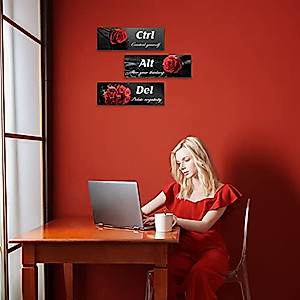 3 Pcs Red Wall Decor Red Roses Office Decor Inspirational Flower Wooden Wall Art Red Decor with Positive Quotes Ctrl Alt Del for Girl Women Office Bedroom Bathroom Living Room (Red Rose12 x 4 Inch)