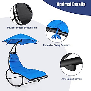 Tangkula Hanging Chaise Lounge Chair, Rocking Hammock Swing Chair with Cushion, Built-in Pillow, Removable Canopy, Outdoor Hanging Curved Chaise Lounger for Poolside, Backyard, Garden (Blue)