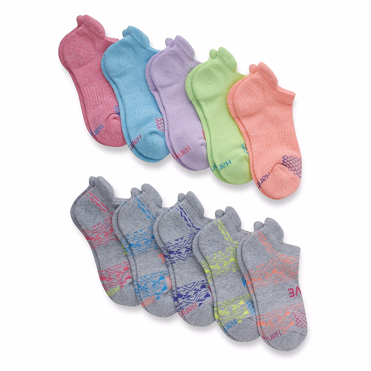 Hanes Girls' Comfort Fit Heel Shield and No Show Socks, 10-Pair Packs, Assorted, Medium
