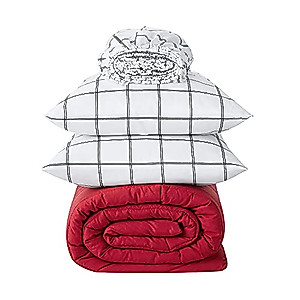 Serta Simply Clean Complete 7 Piece Hypoallergenic Reversible Bed in a Bag with Sheets and Pillow Cases for All Season, Queen, Red/Grey