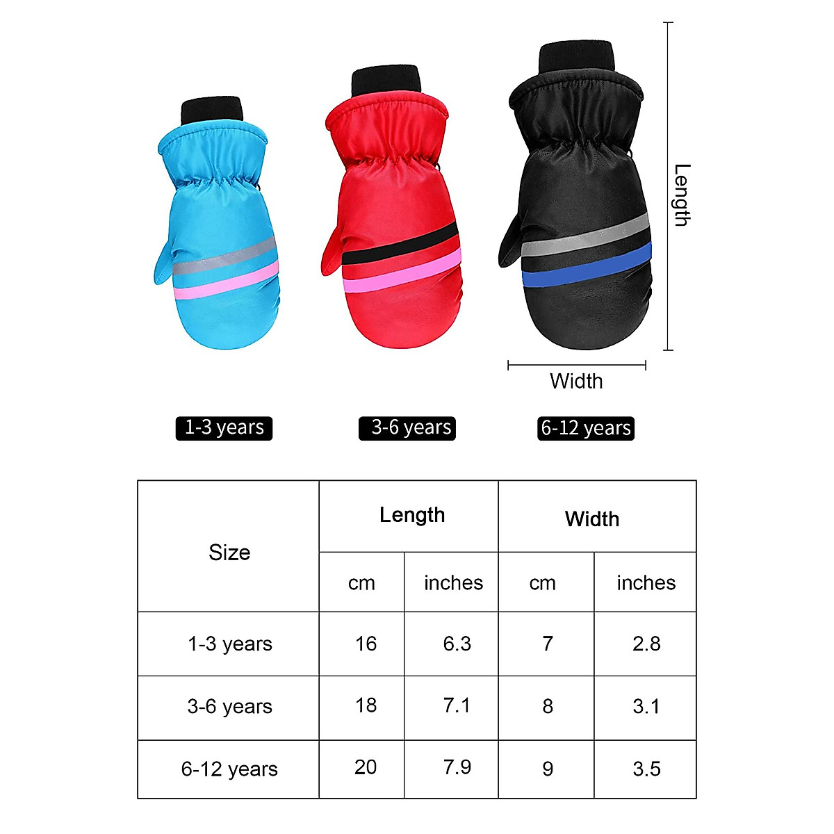 SATINIOR 6 Pairs Kids Winter Snow Mittens Waterproof Warm Ski Gloves Unisex Gloves for Cold Weather Children (for 6-12 Years)