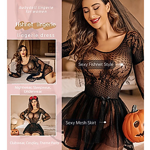 Avidlove Sexy Lingerie for Women Lace Babydoll Lingerie Dress Long Sleeve Lingerie Nightwear Chemise Nightie, Black, L