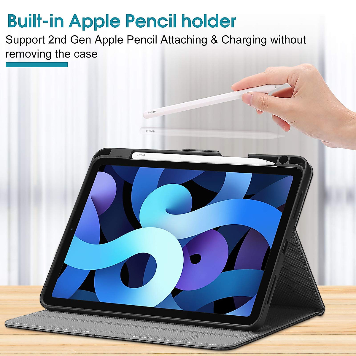 ProCase for iPad Air 11 Inch 2024 / iPad Air 5 2022 / Air 4 2020 Case 10.9 [Support Pencil 2 Charging], Leather Stand Folio Protective Cover Case with Pencil Holder for iPad Air 10.9/11 Inch -Black