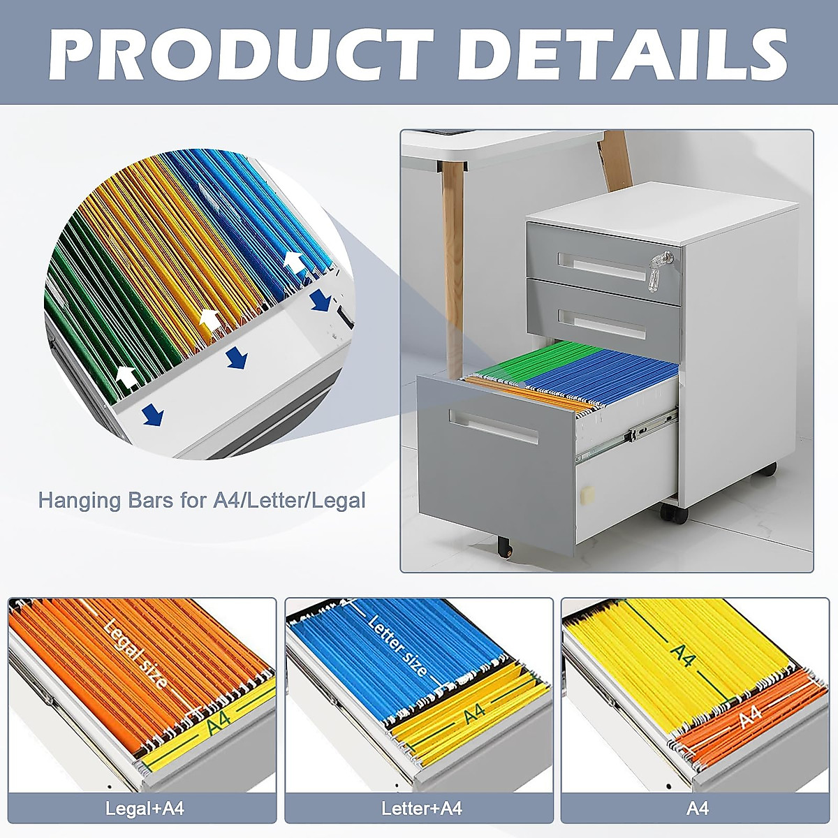 YIGUO 3 Drawer Mobile File Cabinet with Lock