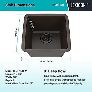 16" x 18" Quartz Kitchen Sink, Single Bowl Kitchen Sink, Drop In Kitchen Sink, Undermount Sink, Granite Composite Kitchen Sink, Galaxy Mocha Kitchen Sinks, Grid, Strainer, Lexicon Platinum LP-1618-M