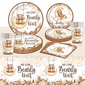 DataMoon Teddy Bear Baby Shower Decorations - 97 Pcs We Can Bearly Wait Tablecloth Baby Shower Plates and Napkins Party Decor Supplies Severs 24 for Boy Girl Gender Reveal, Happy Birthday Decorations