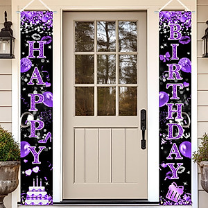 Avezano Purple Happy Birthday Banner Glitter Purple Black Birthday Party Decorations for Girls Women Happy Birthday Porch Signs Door Decorations Supplies