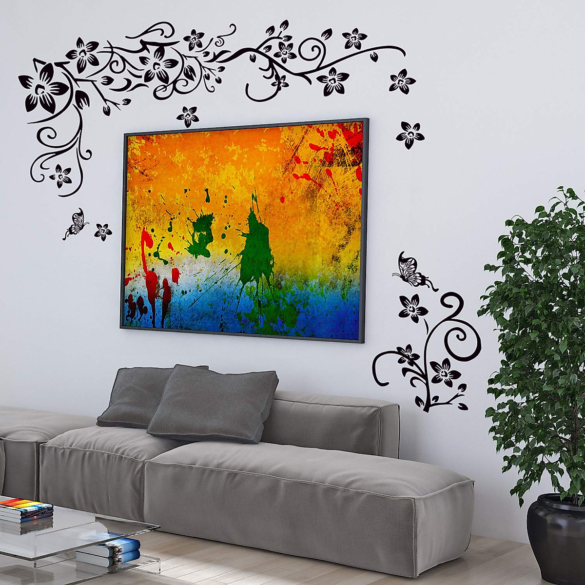 RW-027 Removable Black Vinyl Flower Vines Wall Decal Butterfly Wall Stickers Floral Wall Decor 3D Peel and Stick Art for Girls Bedroom Nursery Living Room Kids Babys Rooms Classroom Wall Decoration