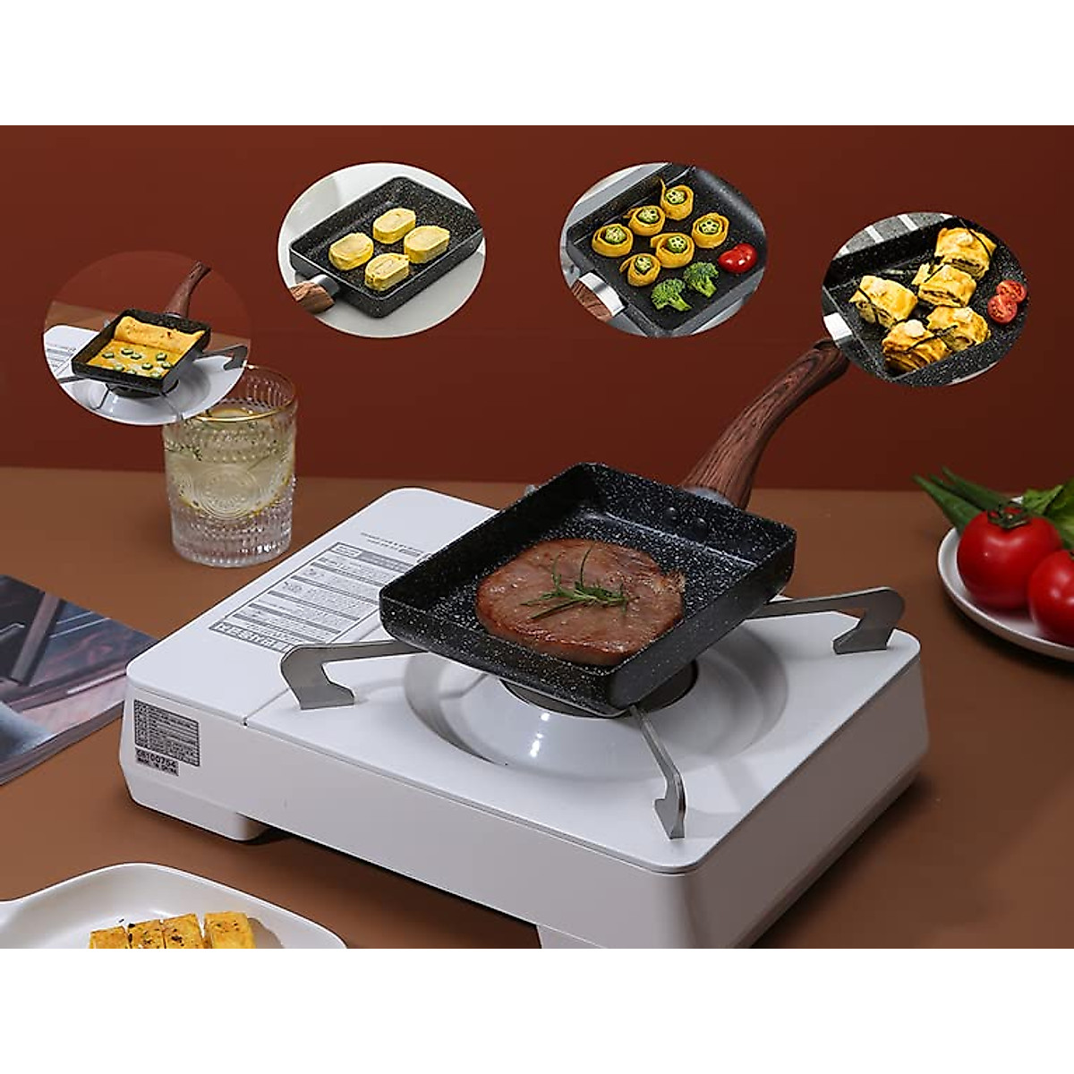 Tamagoyaki Pan Japanese Omelet Pan,Rectangle Maker Frying Pans,Japanese Tamagoyaki Pan with Silicone Brush & Spetula, Egg Pan, Gas Stove and Induction Hob, 7” x 5”,Black