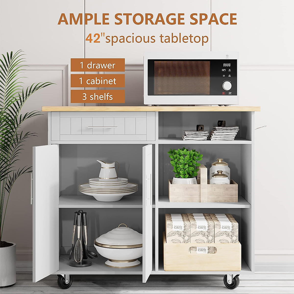 SUNLEI Kitchen Island with Storage Cabinet, 42" Kitchen Cart on Wheels with Shelves, Cart Handle for Towel Rack or Free Mobility, Portable Islands for Kitchen(Stylish White, 42-INCH)