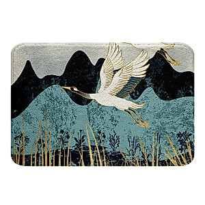 Erosebridal White Crane Door Mat Golden Sun Bathroom Rugs for Kids Child,Jungle Mountain Rug Japanese Style Ukiyoe Theme Kitchen Rugs Birds Animal Japan Ethnic Kawaii Room Decor 20"x32"