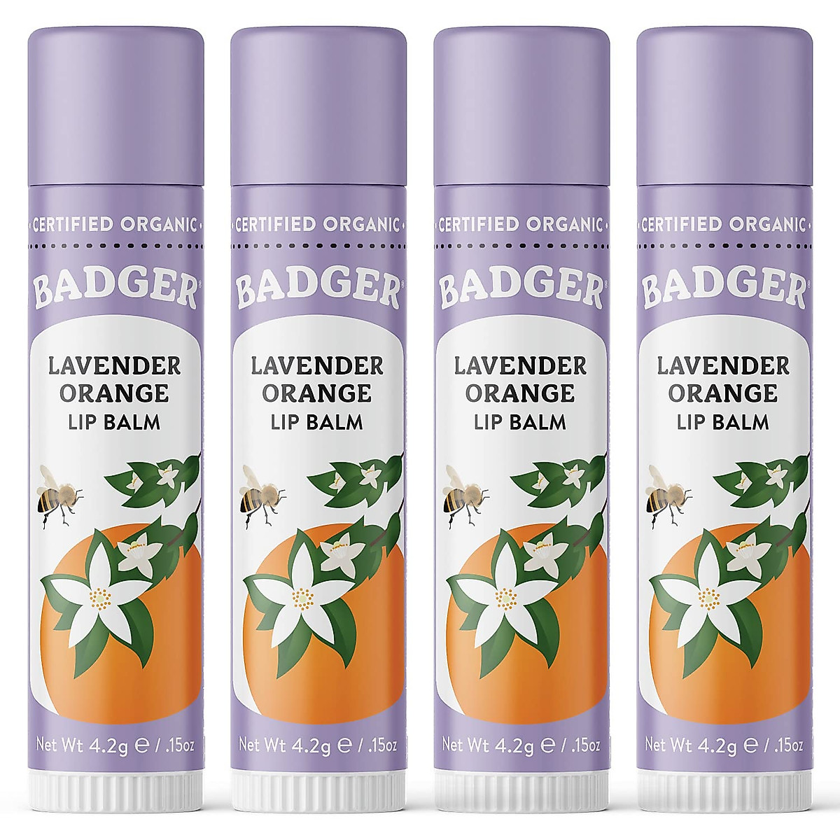 Badger Lavender Orange Classic Lip Balm, 100% Organic Lip Balm, Long Lasting Lip Care w/Light Silky Texture, Uplifting Orange & Calming Lavender Lip Balm, 4 Pack