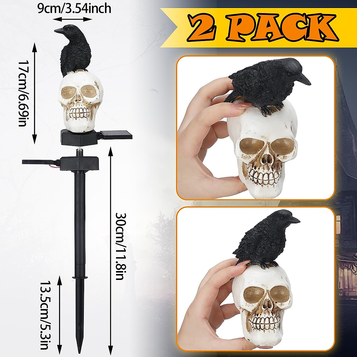 Retisee 2 Pcs Skull Halloween Lights Crow on Skull Solar Pathway Lights Outdoor Decorations Waterproof Scary Skeleton LED Lights for Patio Lawn Yard Garden Home,2 Styles