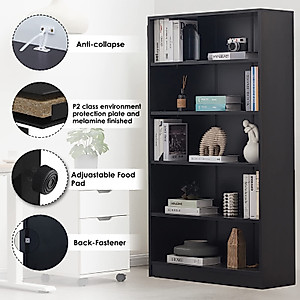 Sunon Wood Bookcase 5-Shelf Freestanding Display Wooden Bookshelf for Home Office School (11.6'' D*33'' W*59.8'' H,Black)