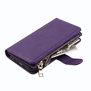 SailorTech Wallet Phone Case Design for iPhone 14 Pro 9 Card Holder 1 Zipper Coin Wallet 2 Cash Slot Kickstand Lanyard Flip Leather Cover Purple