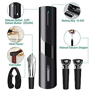TEBIKIN Electric Wine Bottle opener，Battery Operated Automatic Wine Bottle Corkscrew Opener with Foil Cutter,2 Wine Vacuum Stopper，Wine Pourer for Gift，Home，Party
