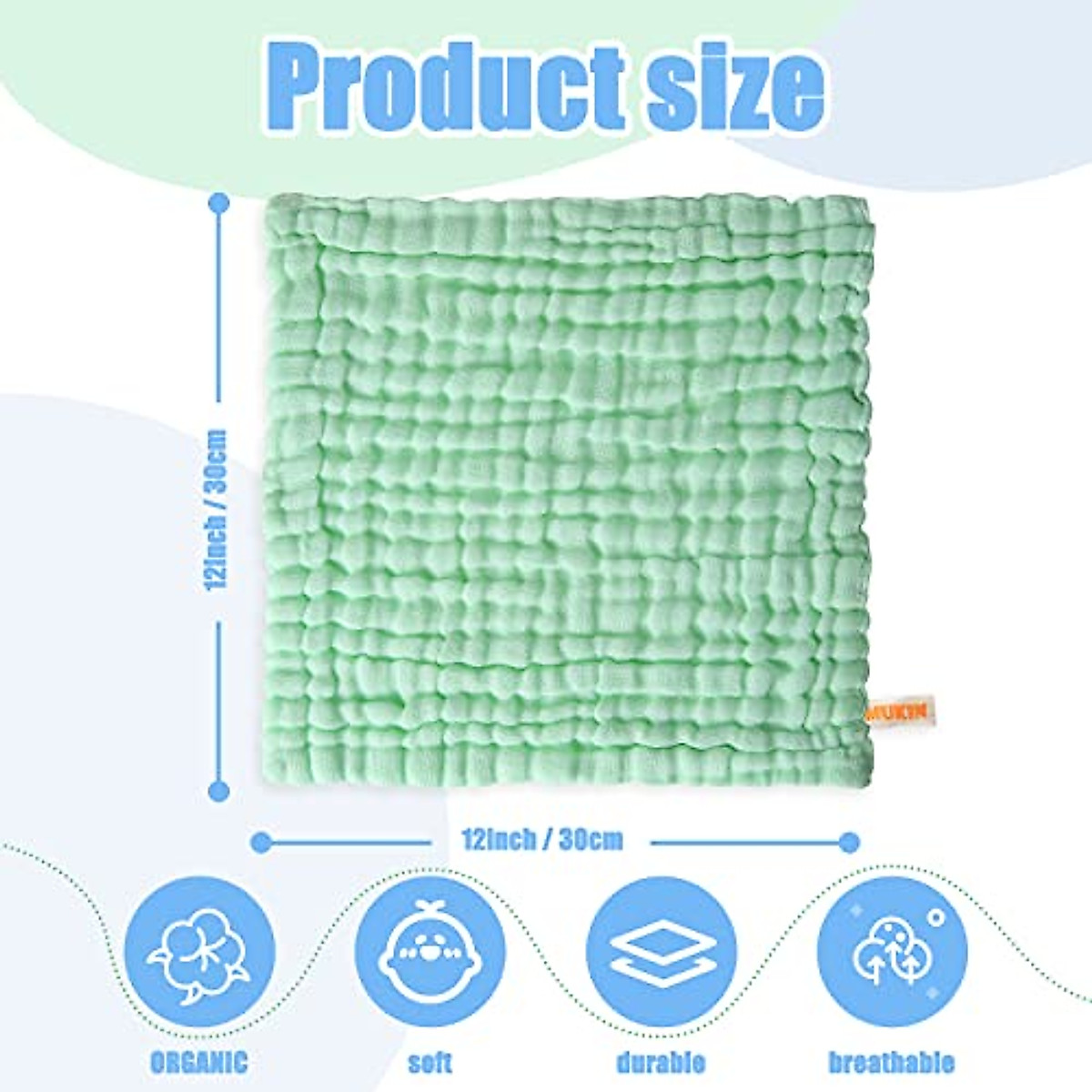 MUKIN Baby Washcloths - Soft Face Cloths for Newborn, Absorbent Bath Face Towels, Baby Wipes, Burp Cloths or Face Towels, Baby Registry as Shower. Pack of 10 (Green,Blue,White)
