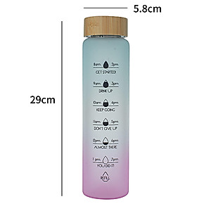 HOLABEAR Glass Motivational Daily Water Intake Bottle with Time Marker 32oz, Reusable, with Leakproof Bamboo Lid and Shoulder Sleeve, for Hot and Cold Drinks, BPA Free(Blue)