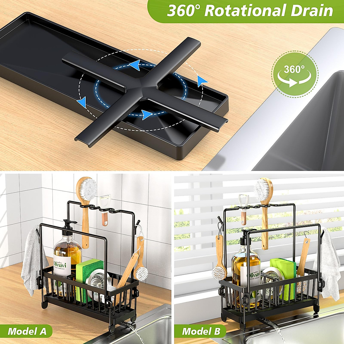 PKBD Kitchen Sink Caddy, Rustproof 304 Stainless Steel Sponge Holder for Kitchen Sink with Removable Drain Tray, Towel Holder and Brush Drainer Rack, Kitchen Organiser for Sink Tidy, Black