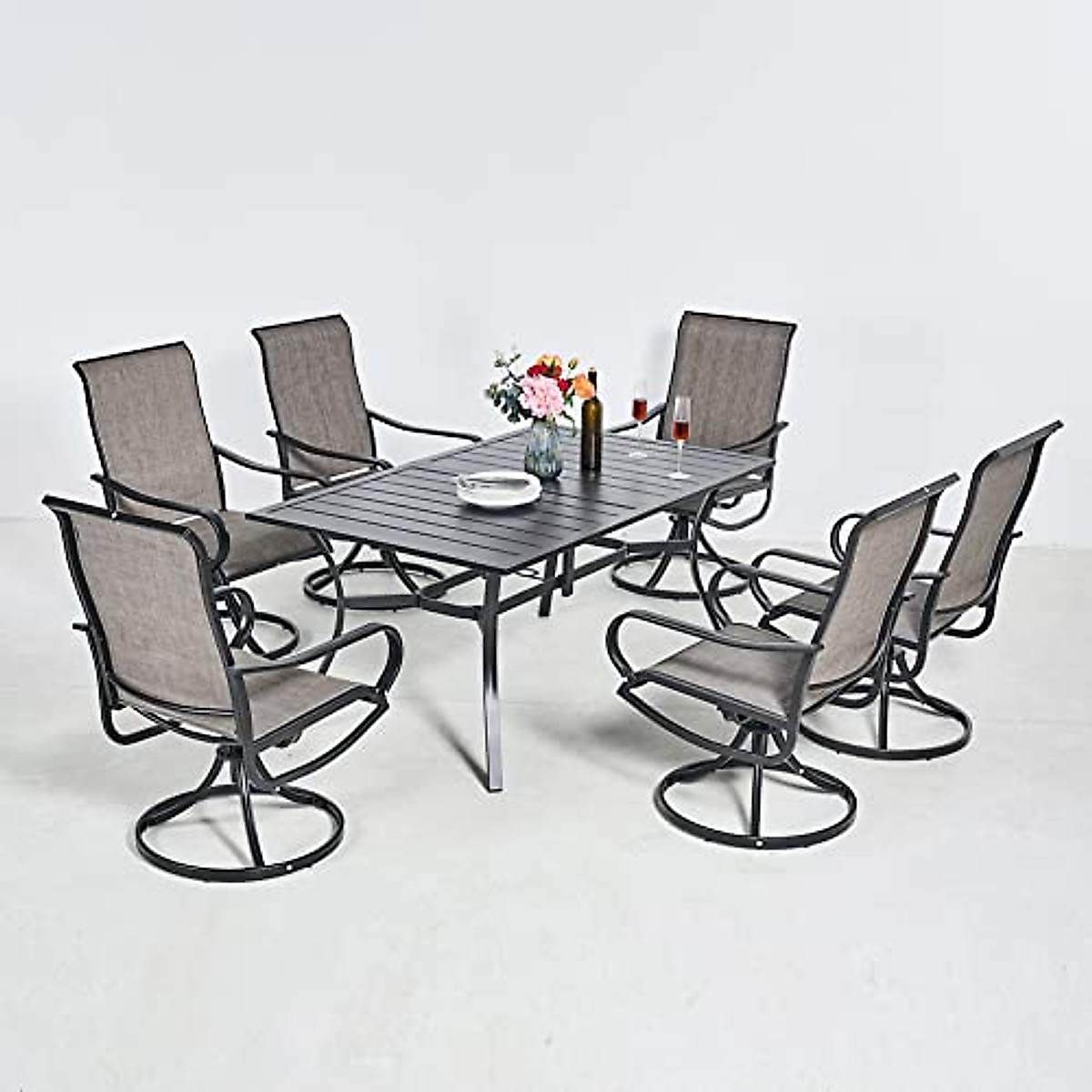MEOOEM 7 Piece Outdoor Patio Dining Set, 6 High Back Outdoor Swivel Rocker Chairs with Metal Rectangular Table with 1.57" Umbrella Hole