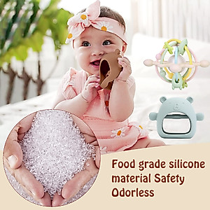 Baby Teething Toys for Babies 0-6,12,18 Months, Qemixly 3 Pack Gift Silicone Baby Teethers for Baby Teething Relief, Anti-Drop Hand Teething Mittens and Rattle Ball(Caramel,Blue,Multi-Blue)