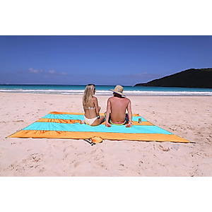 AQUATUS Premium XXL Beach Blanket Sandproof Water Resistant Quick Dry Mat 10ft by 9ft for 1-8 Adults with 4 Metal Stakes, 4 Corner Pockets, Secure Clip and Strap, and Attached Bag