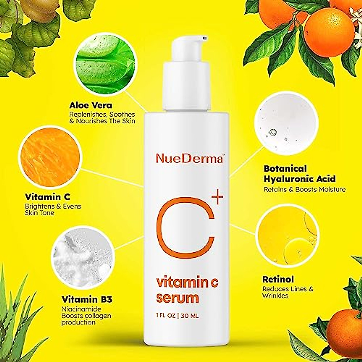 NueDerma Vitamin C Serum For Face Anti Aging, Brightening, Retinol, Aloe, Hyaluronic Acid, Vitamins E, B3. Boosts Collagen