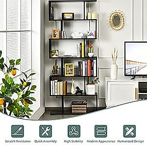 Augester 6-Tier Bookshelf, Wood S-Shaped Bookcase with Anti-toppling Device, Freestanding Display Shelf for Living Room, Bedroom, Office (Black)