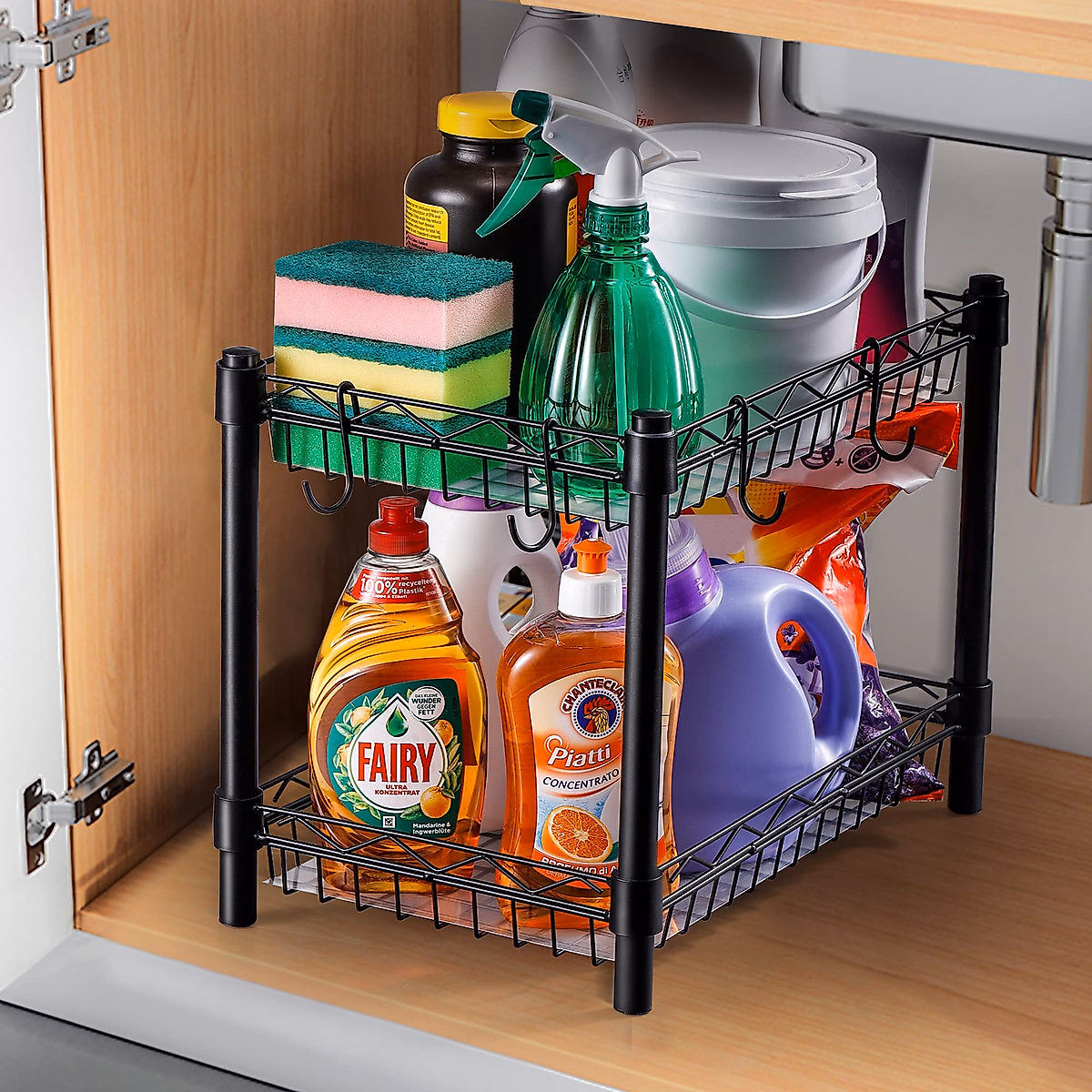 Wahopy Under Sink Organizer, 2 Tier Under Sink Shelf, Bathroom Kitchen Cabinet Under Sink Storage Rack, 2 Wire Baskets with Hooks, Sturdy Metal, Black