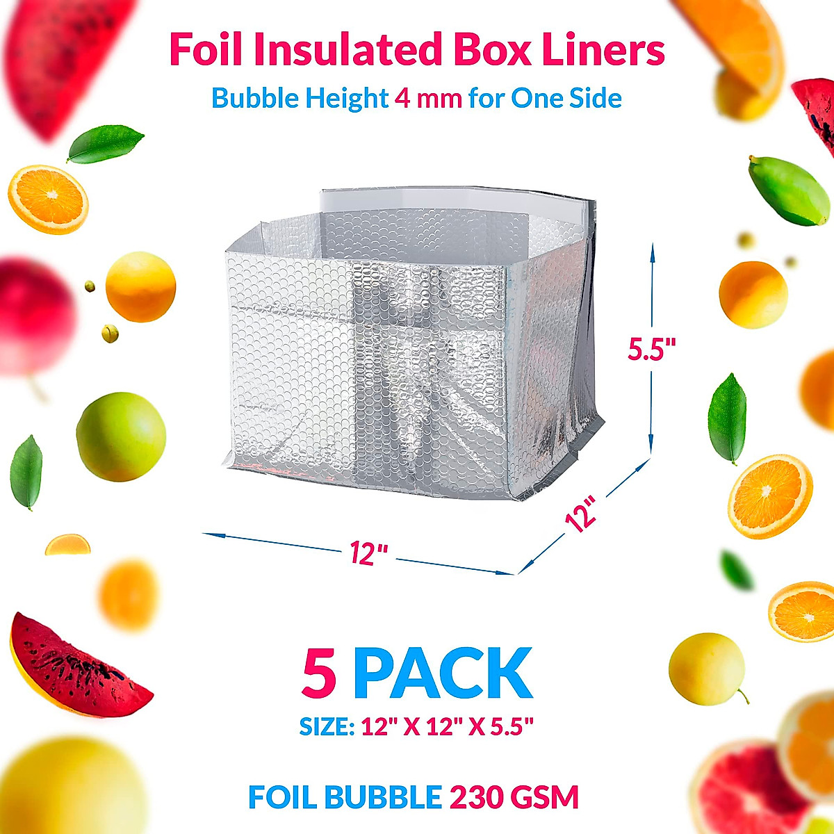 ABC 5 Pack Double Layer Foil Insulated Box Liners 12 x 12 x 5.5 inches. Fits USPS Large Flat Rate Box (12" x 12" x 5.5") Silver Shipping Boxes for Frozen Food, Odorless Insulated Containers.