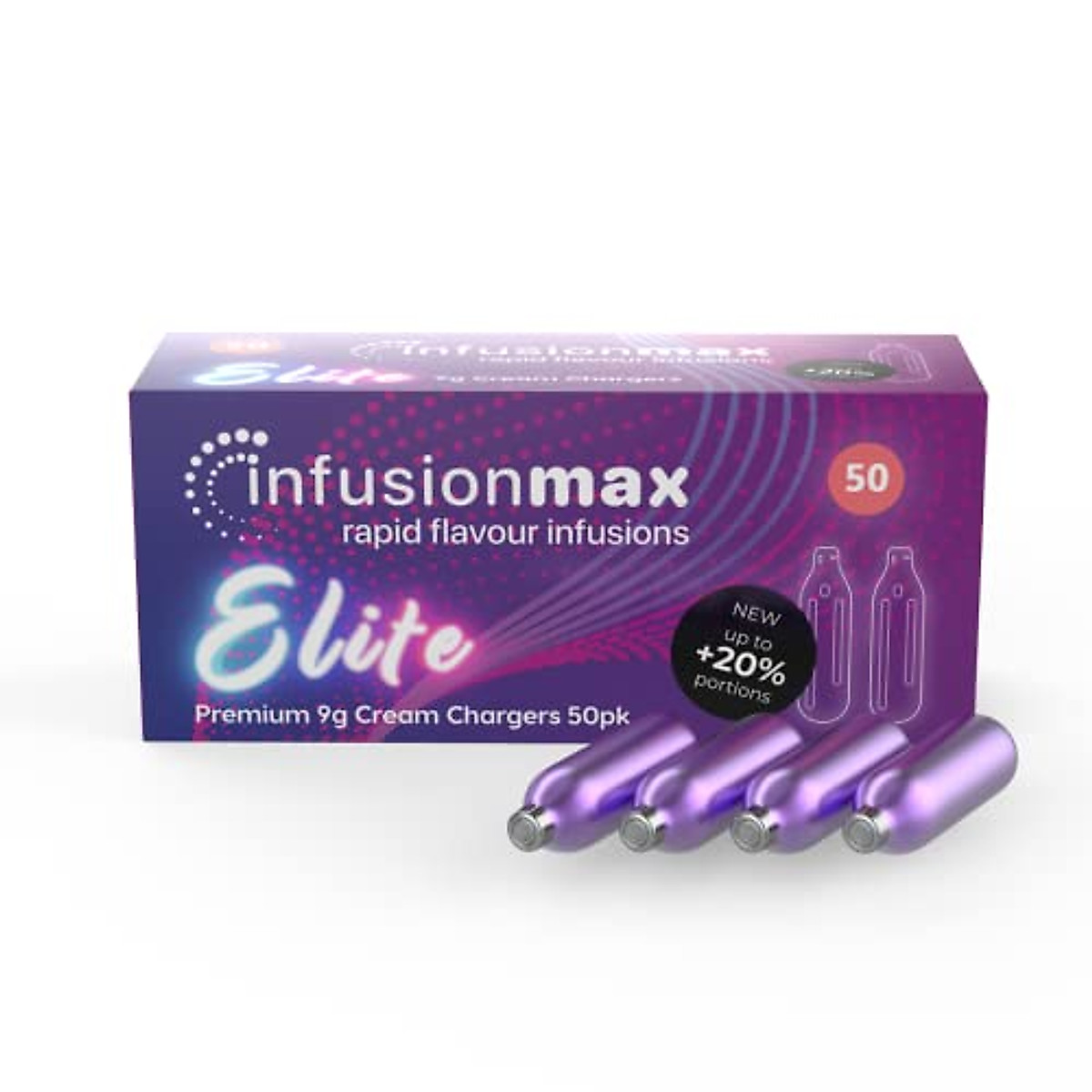 InfusionMax Elite Whipped Cream Chargers 50, 9 grams Pure Food Grade Culinary Gas - Compatible with Standard Whipped Cream Dispensers (50)