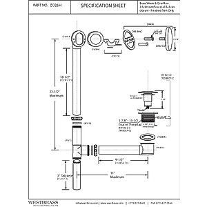 Westbrass D326H-62 22" 17 Ga. Brass Bath Waste & Overflow Assembly with Tip-Toe Drain Plug and Illusionary Faceplate, Matte Black