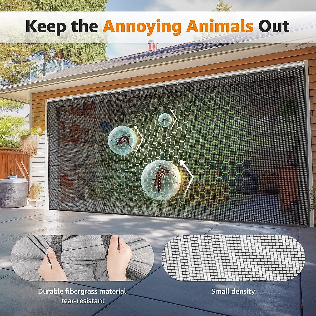 Sliding Garage Door Screen with Track Closure - Retractable Privacy Curtain Keep Annoying Animals Out Easy Install Heavy Duty Fiberglass Mesh Net for Opening Garage Patio (Black, 16 ft x 7 ft)