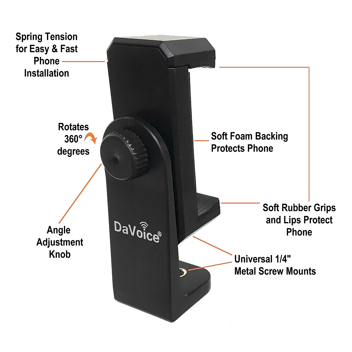 DaVoice Tripod Phone Mount Adapter, 360 Rotating Holder, Compatible with iPhone Smartphone Camera Stand, Universal Cell Phone Attachment Clip Clamp