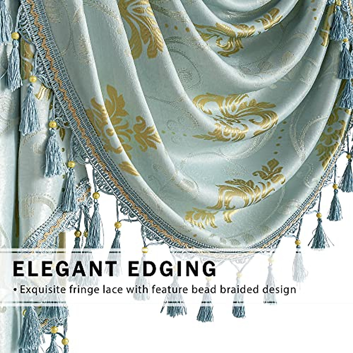 JADE POKE European Floral Valance for Windows Waterfall Valances for Living Room Aqua Tassels Valance for Bay Window - Damask Valance with Beads Swag Valance for Party Rod Pocket (1 Panel, W59 Inch)