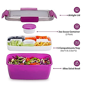 GiFBERA Large Salad Container for Lunch - 68 oz Salad Bowl with 5 Compartments Bento-Style Tray, 2 pieces Salad Dressing Containers To Go, Leak-Proof & BPA-Free (Purple)