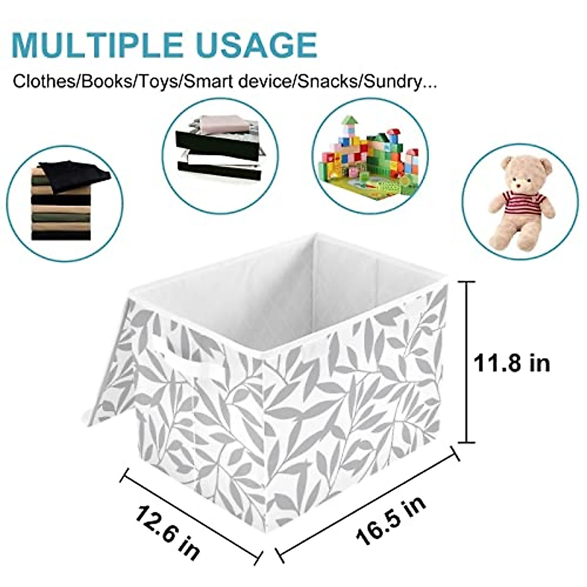 CaTaKu Leaf Grey Storage Bins with Lids and Handles, Fabric Large Storage Container Cube Basket with Lid Decorative Storage Boxes for Organizing Clothes